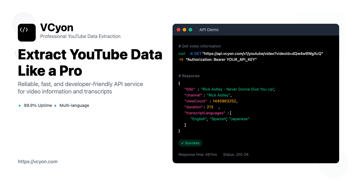 VCyon: Reliable YouTube Transcript & Data API